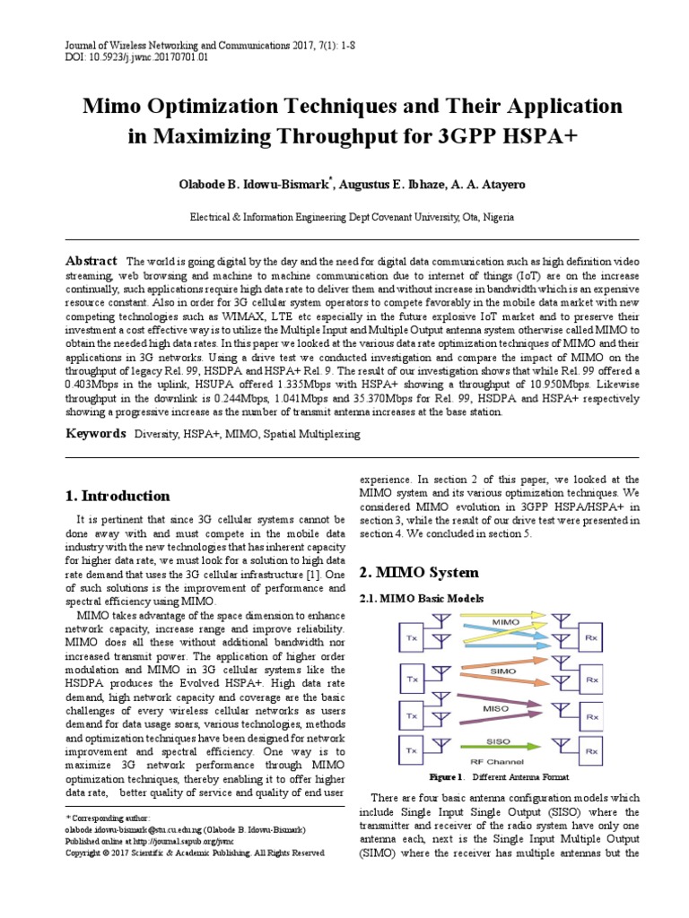 Mimo Optimization Techniques and Their Application in Maximizing Throughput For 3GPP HSPA+ | PDF ...