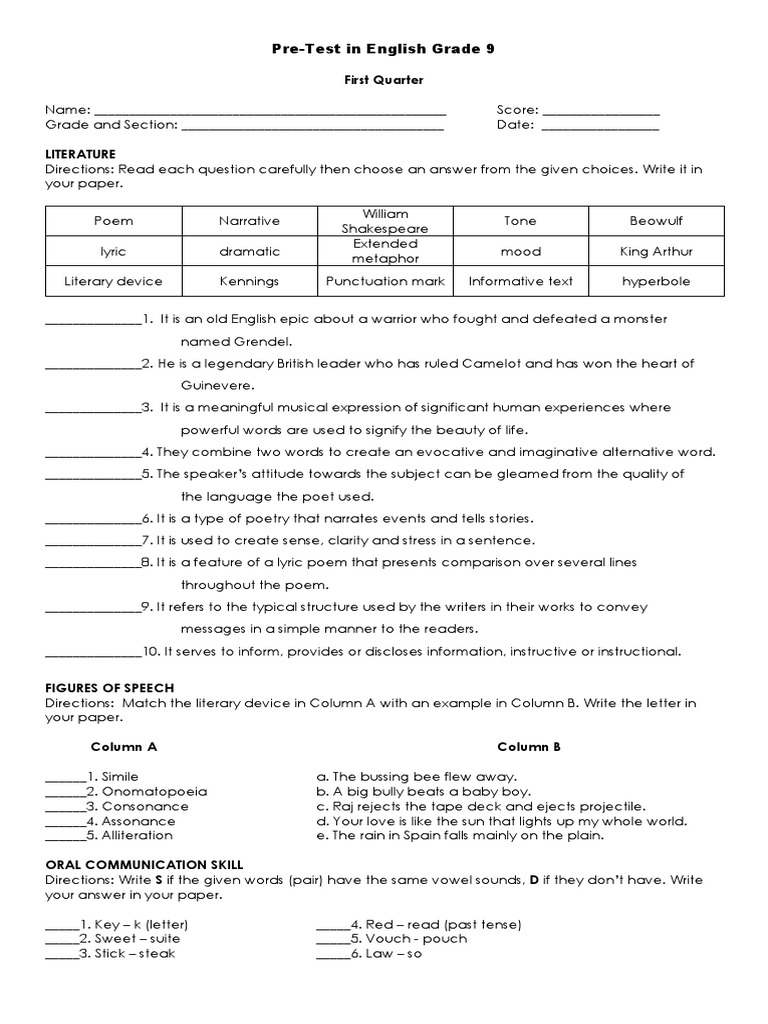 Pre-Test in English-9 First Quarter | PDF | Beowulf | Poetry