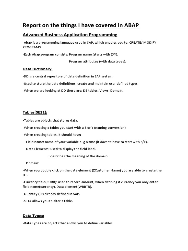 Report On The Things I Have Covered in ABAP: Advanced Business ...