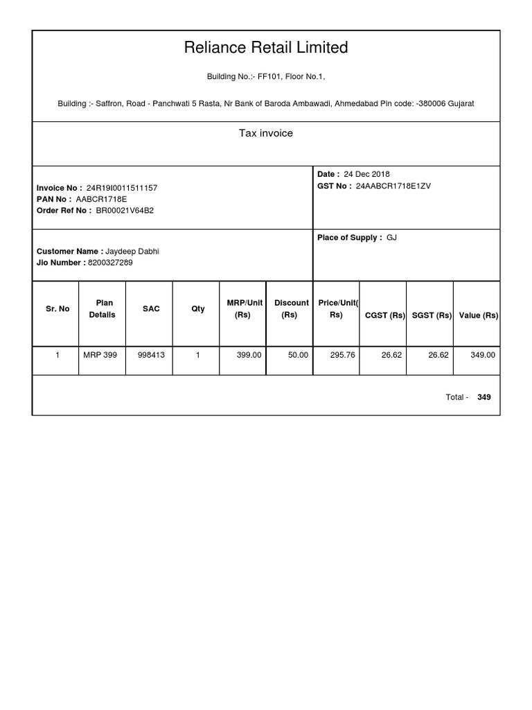 Reliance Retail Limited: Tax Invoice | PDF