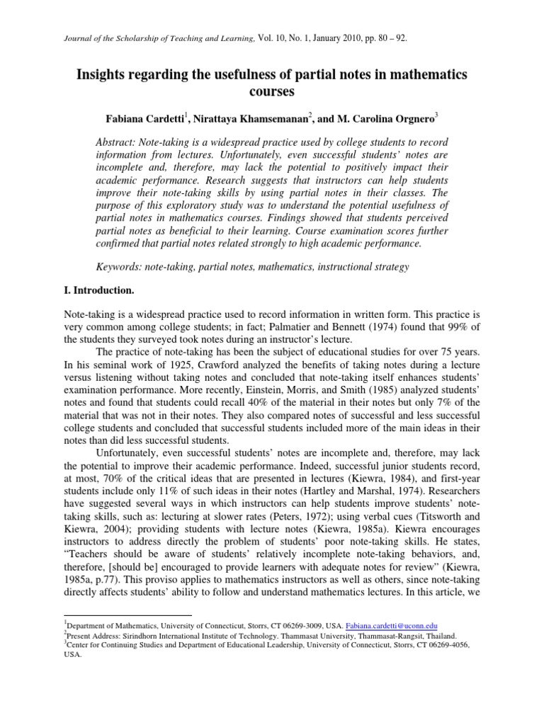 Insights Regarding The Usefulness of Partial Notes in Mathematics ...