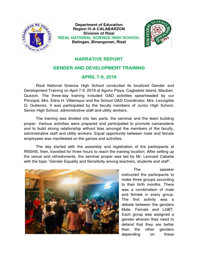 Rnshs Gad Narrative and Pictorial Report 2019 | Gender Role | Gender