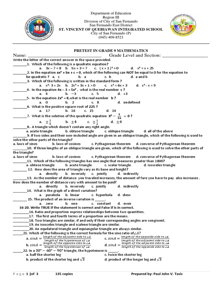 Pre-Test Grade 9 | Download Free PDF | Triangle | Trigonometric Functions