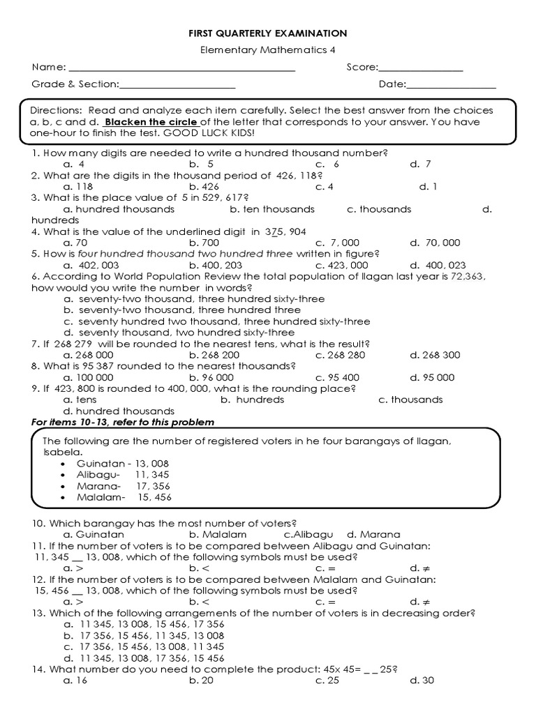 First Quarterly Assessment in Math 4 | PDF | Division (Mathematics ...