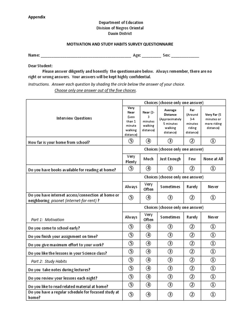 Motivation and Study Habits Survey | PDF | Questionnaire | Evaluation ...