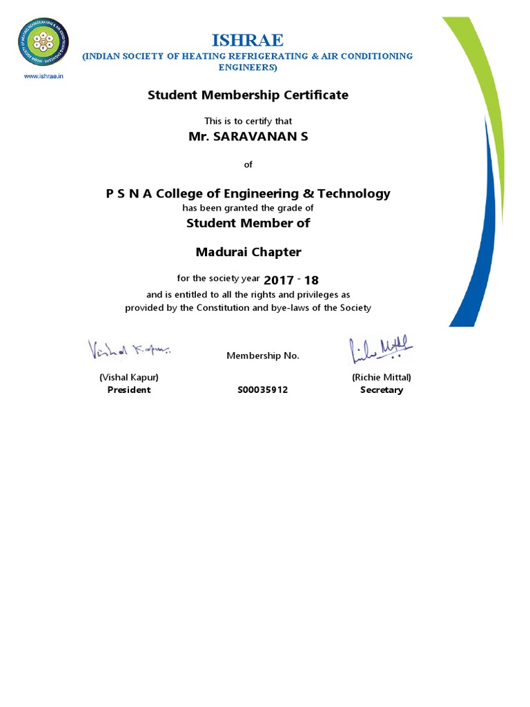 Ishrae: Student Membership Certificate Mr. Saravanan S | PDF