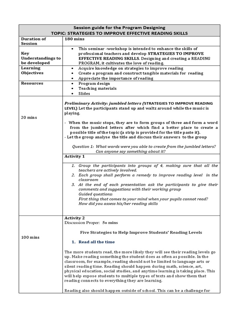 Session Guide For The Program Designing Topic: Strategies To Improve Effective Reading Skills ...
