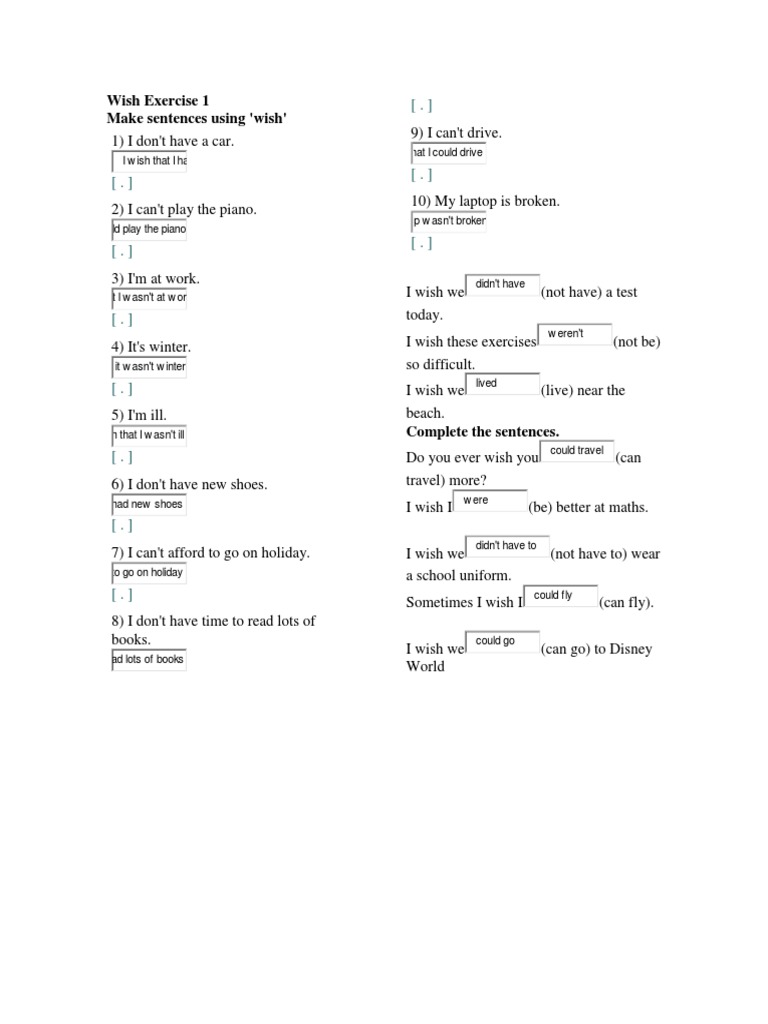 Wish Exercise 1 Make Sentences Using 'Wish' | PDF | Leisure
