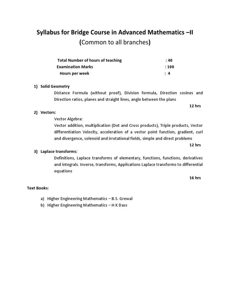 Syllabus For Bridge Course in Advanced Mathematics - II (Common To All ...