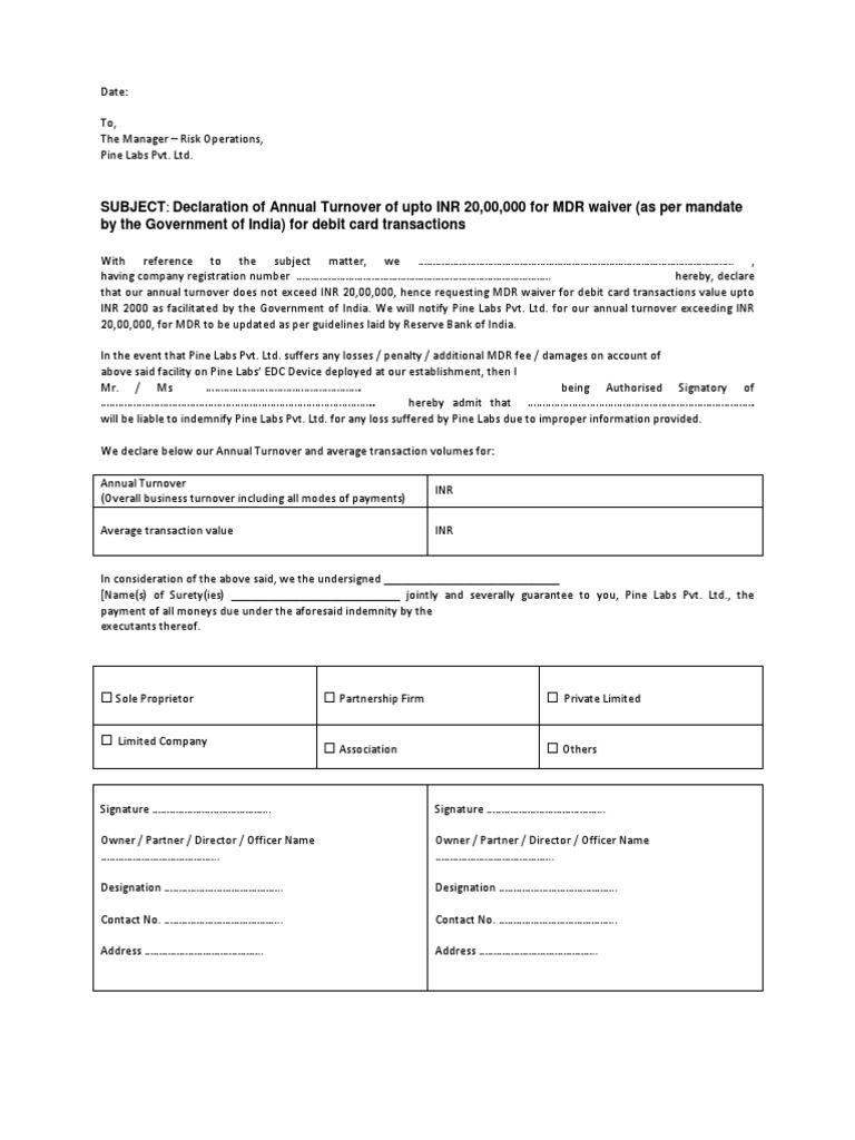 Declaration of Annual Turnover of Upto INR 20,00,000 For MDR Waiver (As Per Mandate | PDF ...