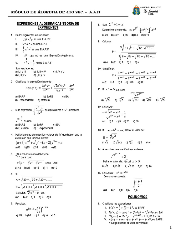 Modulo Algebra 4to - I | PDF | Factorización | Objetos matemáticos