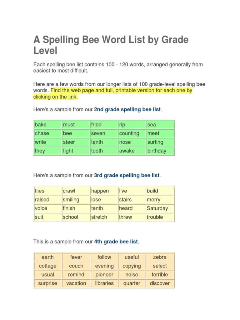 A Spelling Bee Word List by Grade Level | PDF