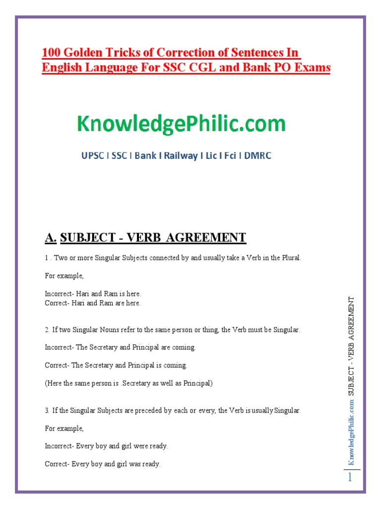 100 Golden Tricks of Correction of Sentences in English Language For ...