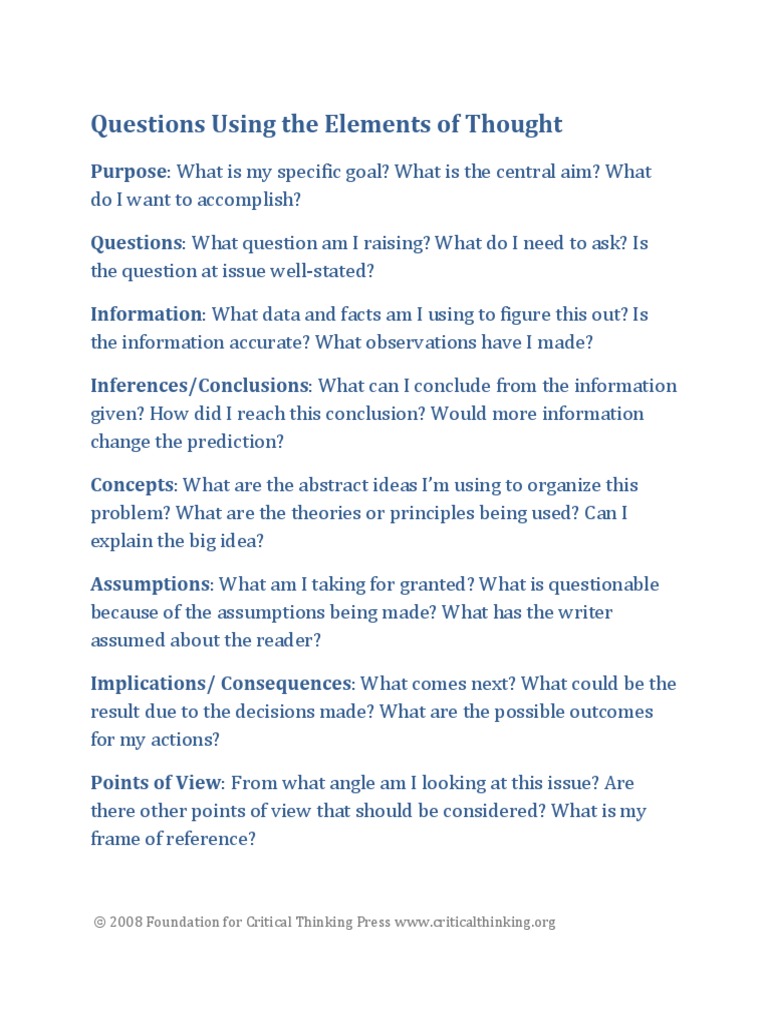Elements of Thought Questions Guide | PDF