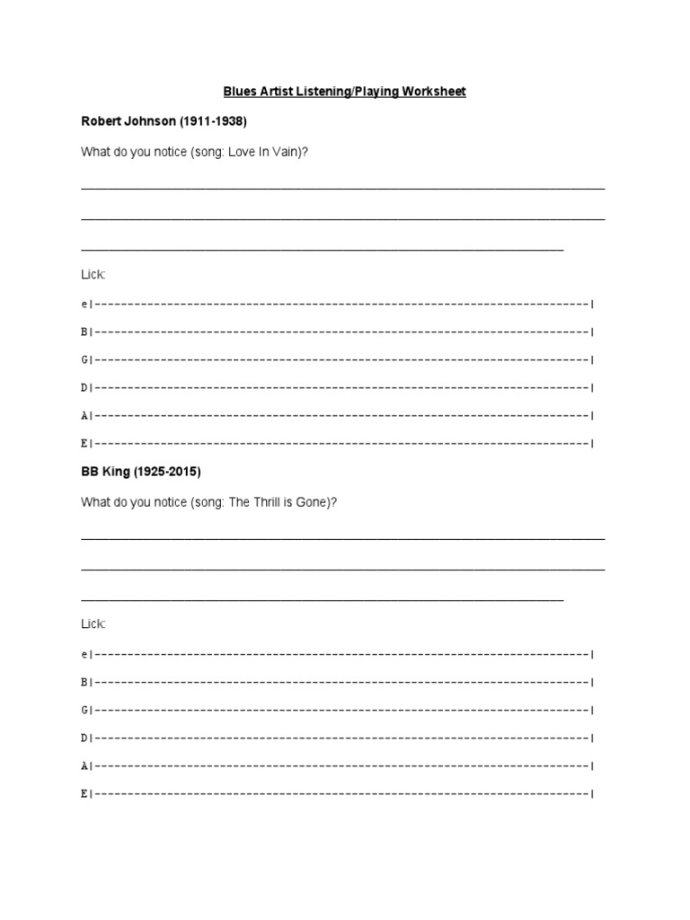 Blues Artist Listening - Playing Worksheet | PDF | Blues | African ...