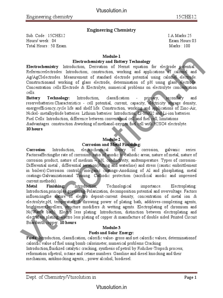 Engineering Chemistry Overview 15CHE12 | PDF | Lithium Ion Battery ...