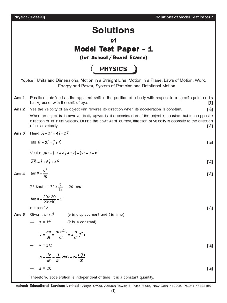 Aakash Model Test Papers Solutions XI Physics | Download Free PDF ...