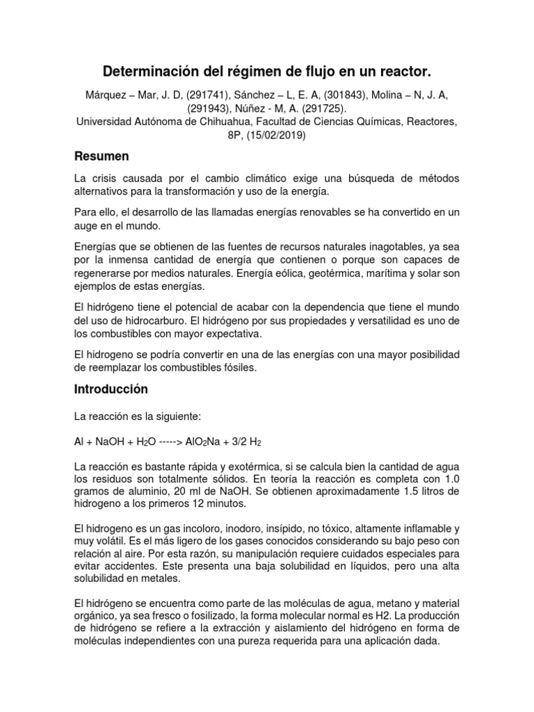 Practica Reactores | PDF | Hidrógeno | Aluminio