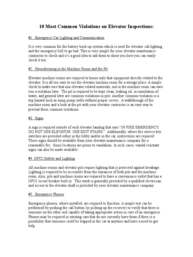 10 Most Common Violations On Elevator Inspections 4-23-07 | PDF ...