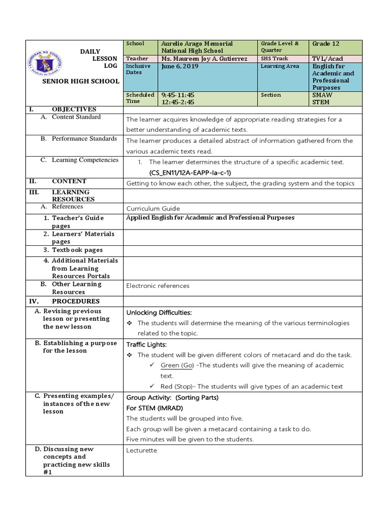 Senior High School: Daily Lesson LOG | PDF | Learning | Teachers