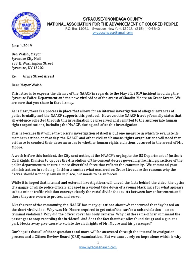 Syracuse-Onondaga NAACP Letter to Mayor Ben Walsh | Police Officer | Police