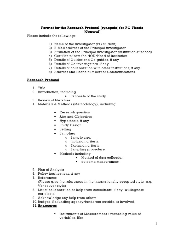 Format For The Research Protocol (Synopsis) For PG Thesis (General ...