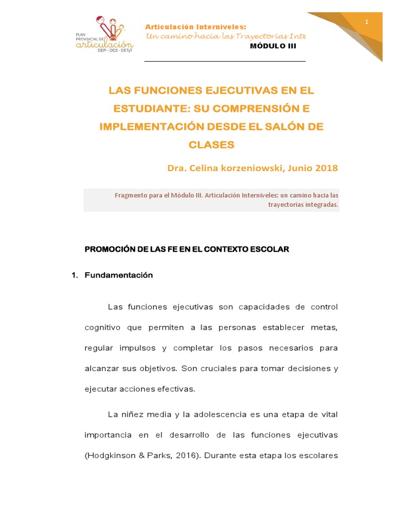 Funciones Ejecutivas en la Escuela | PDF | Funciones ejecutivas ...