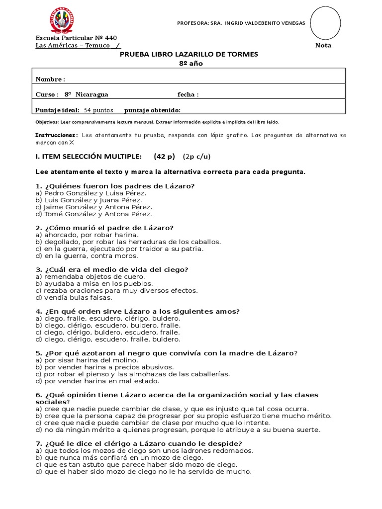 Prueba Libro Lazarillo de Tormes | PDF