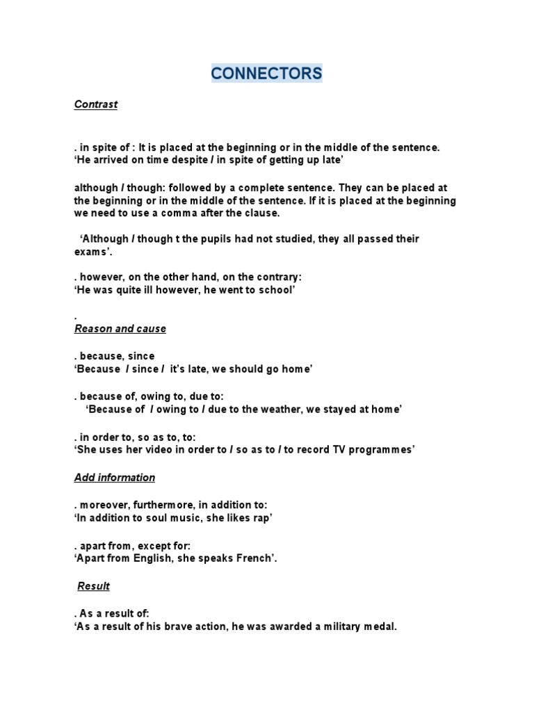 A Guide to Common Connectors and Transitional Phrases in English | PDF ...
