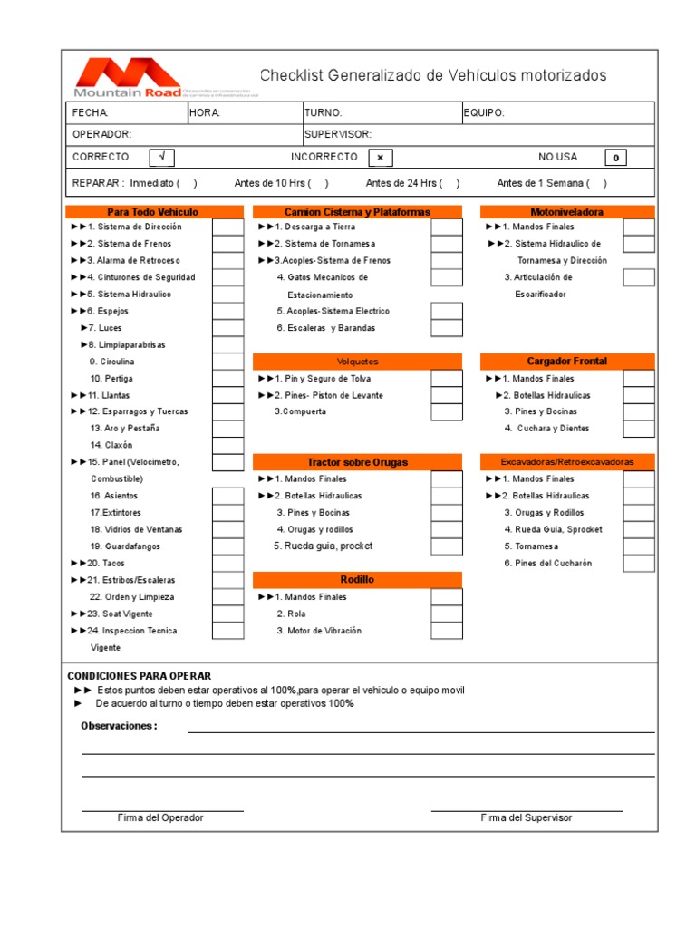 CheckList Generalizado de Vehiculos | PDF | Tecnología de vehículos ...