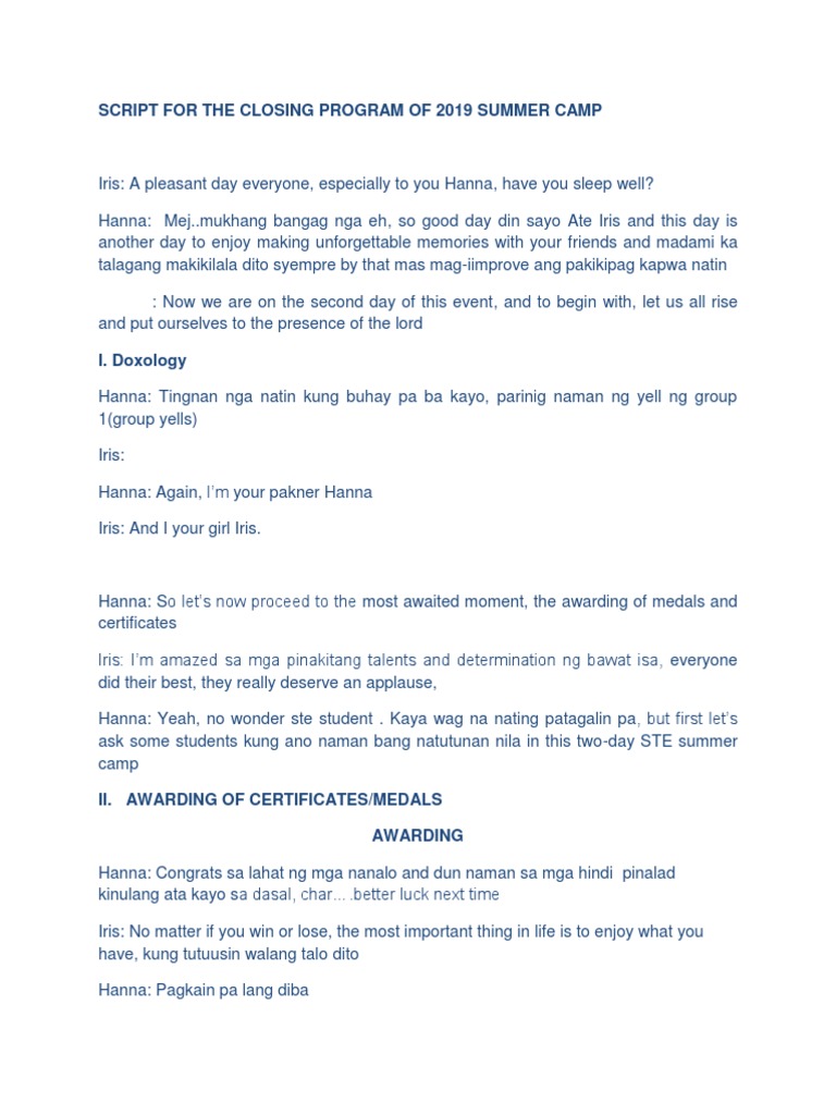 Script For The Closing Program of 2019 Summer Camp | PDF