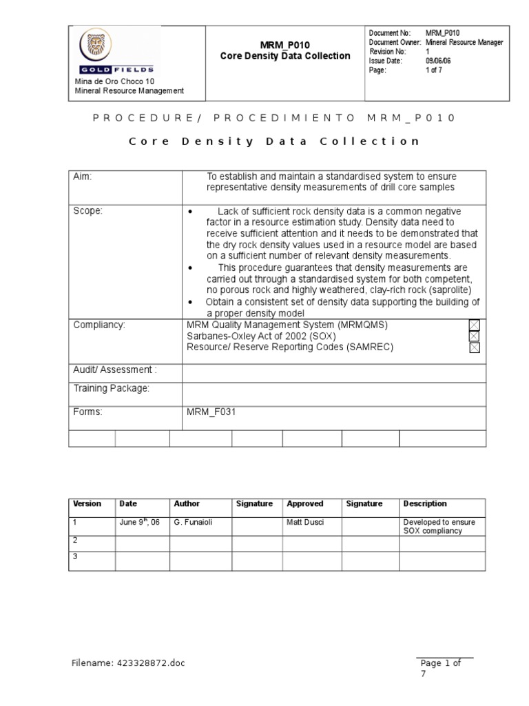 Core Density Data Collection - V1 | PDF | Density | Geology