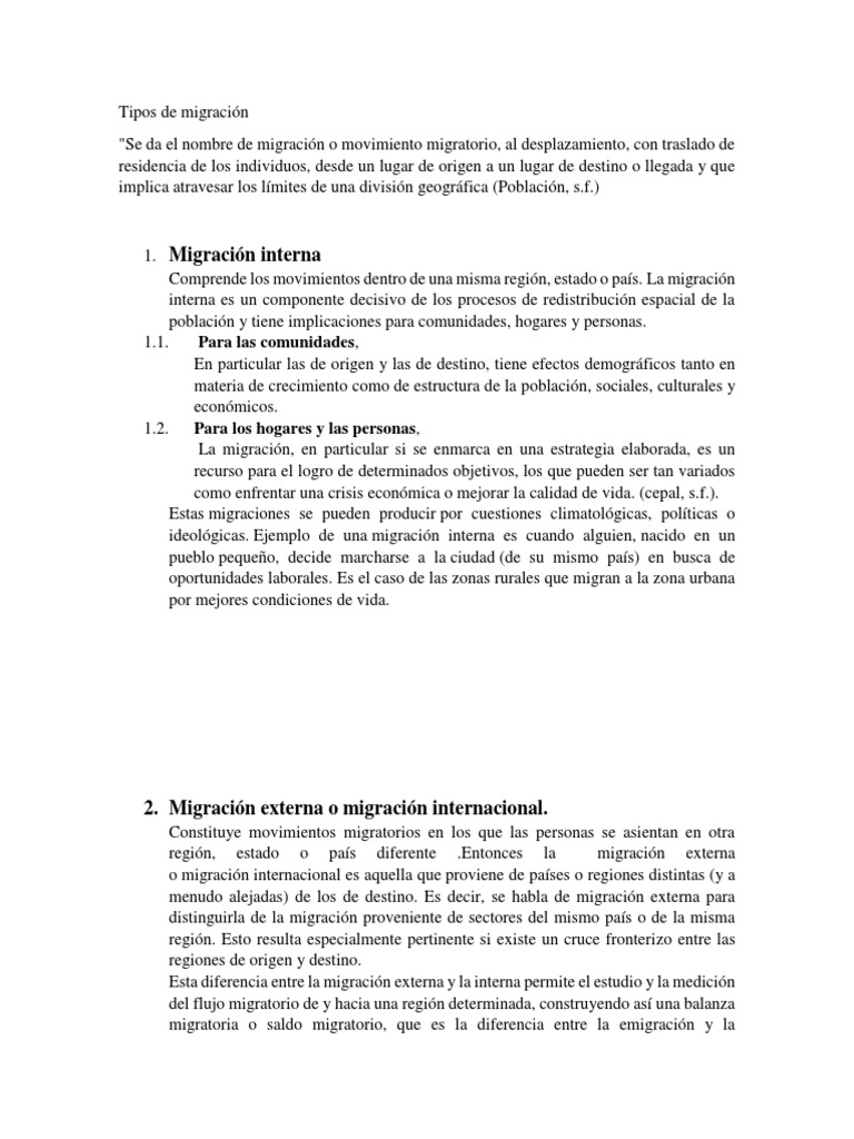 Tipos de Migración: Interna y Externa | PDF | Migración humana | Población