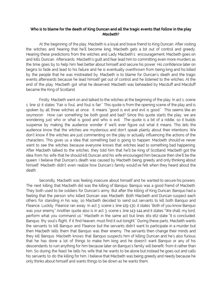 Macbeth Final Essay - Blame | PDF | Macbeth | Shakespearean Tragedies