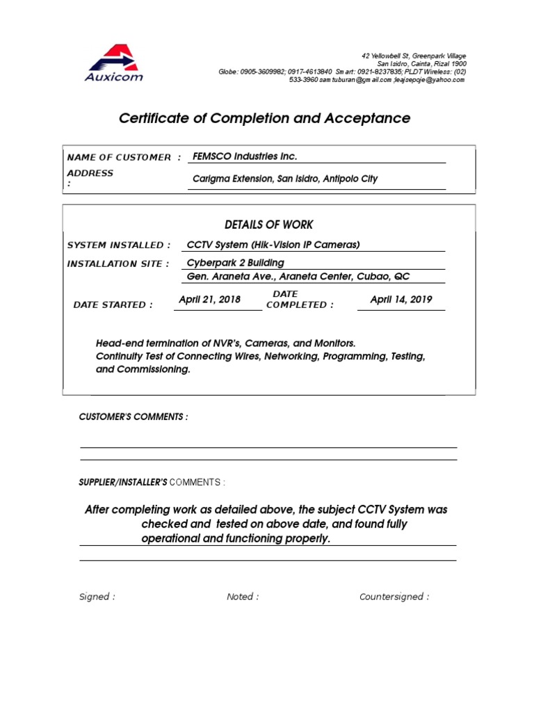 Certificate of Completion and Acceptance | PDF