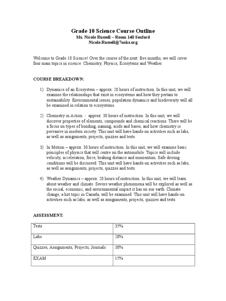 Grade 10 Science Course Outline | PDF | Test (Assessment) | Chemistry