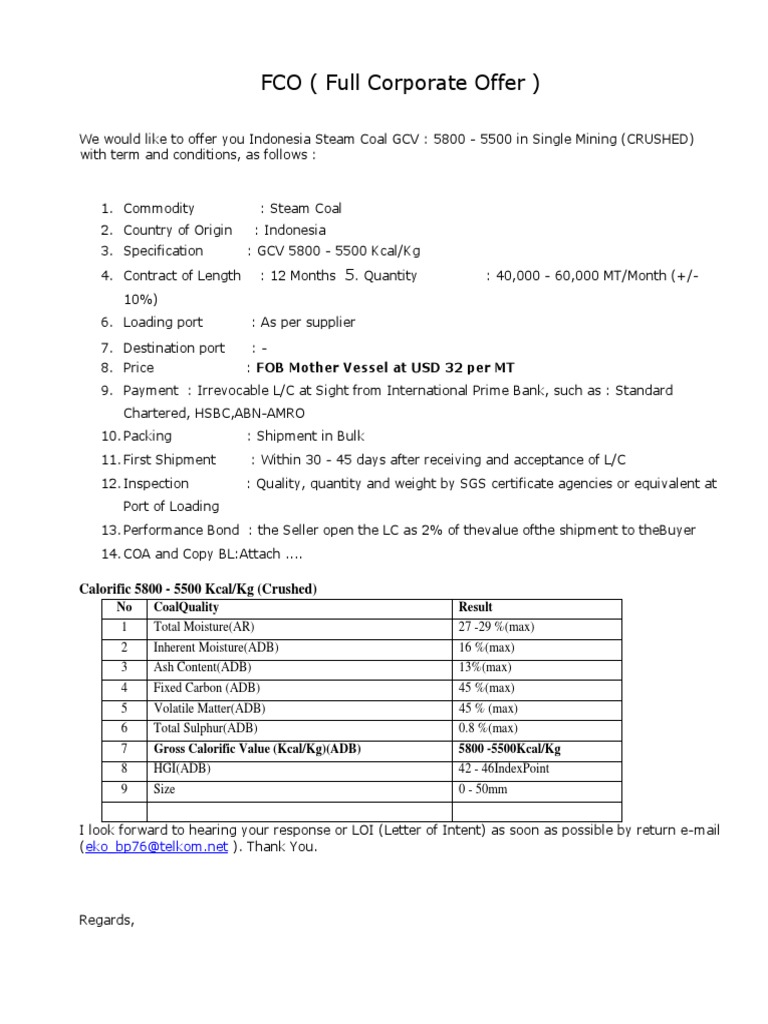 FCO (Full Corporate Offer) : Calorific 5800 - 5500 Kcal/Kg (Crushed) | PDF