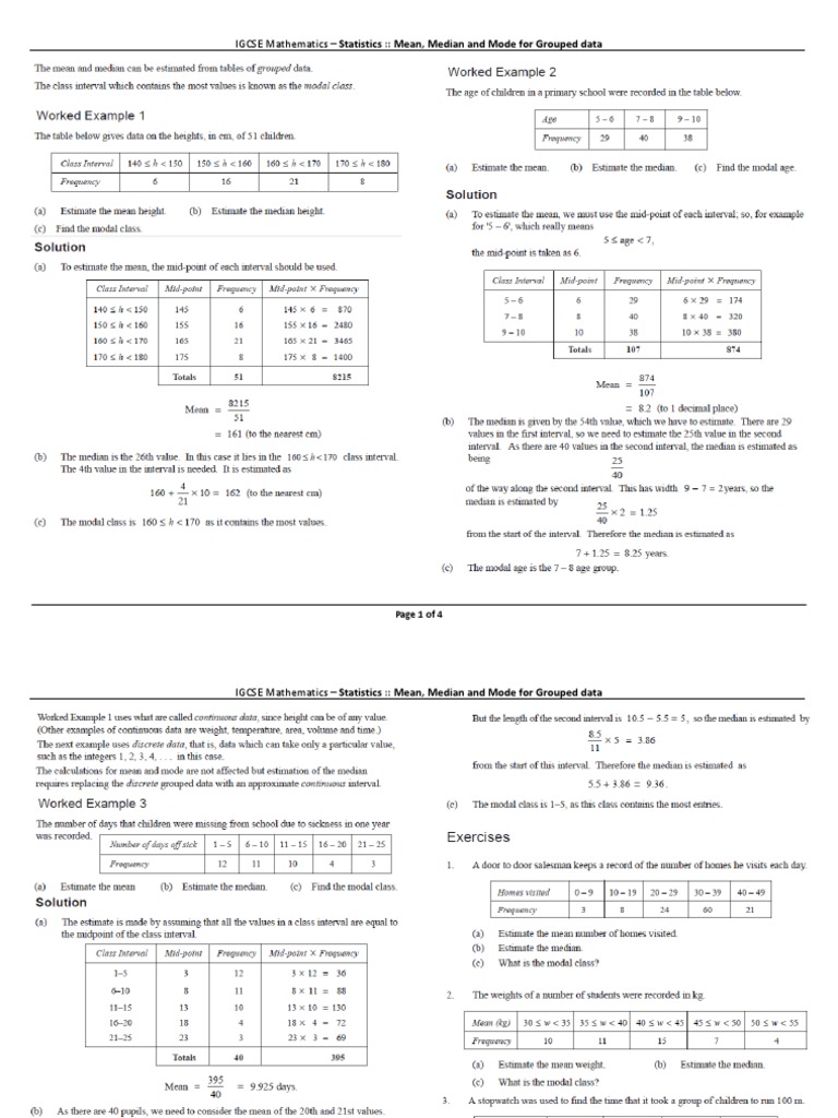 IGCSE Mathematics - Statistics:: Mean, Median and Mode For Grouped Data | PDF
