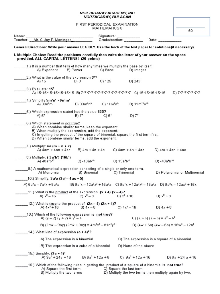 1st Periodical Math 8 | PDF | Exponentiation | Numbers
