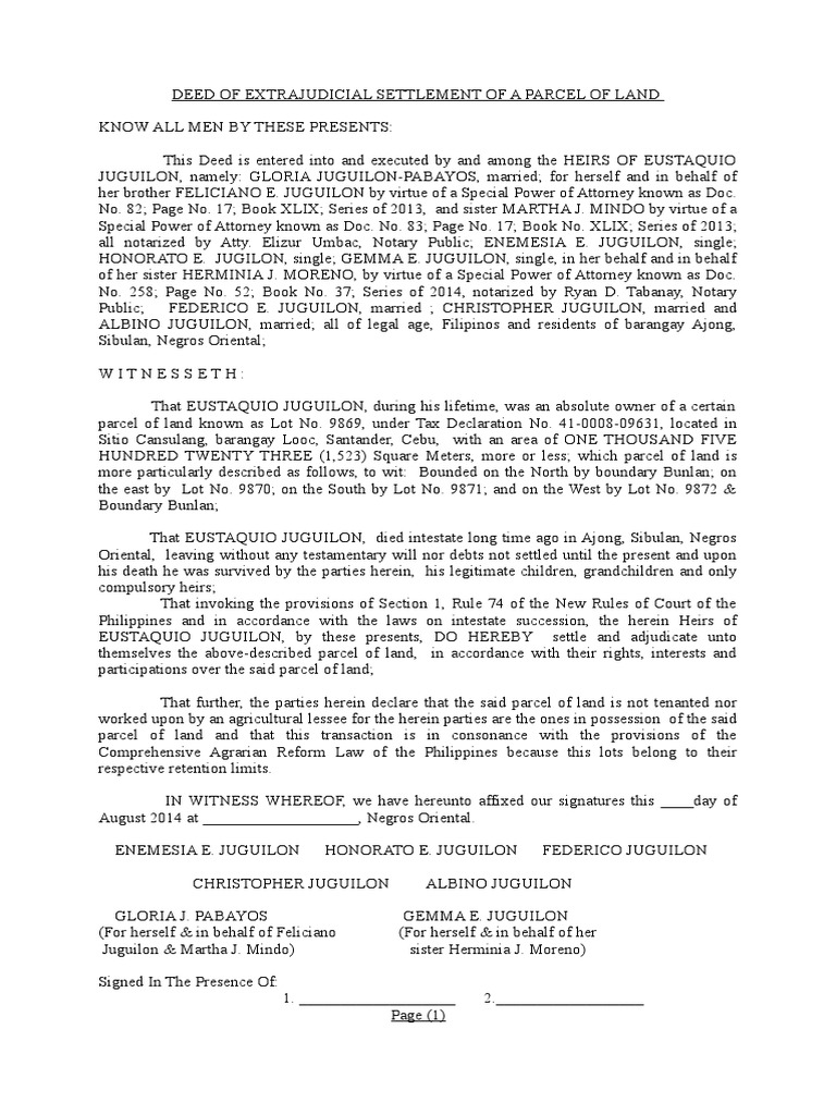 Deed of Extrajudicial Settlement and Partition - Calingacion (By Virtue ...