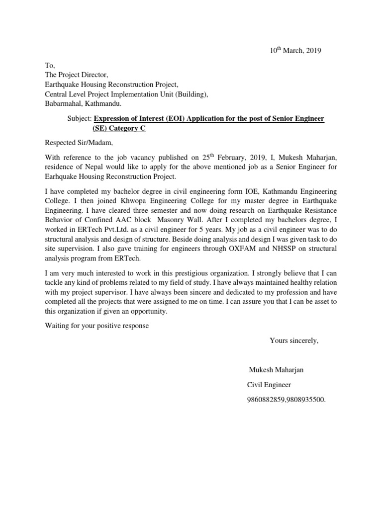 EOI Application for Senior Engineer Position | PDF