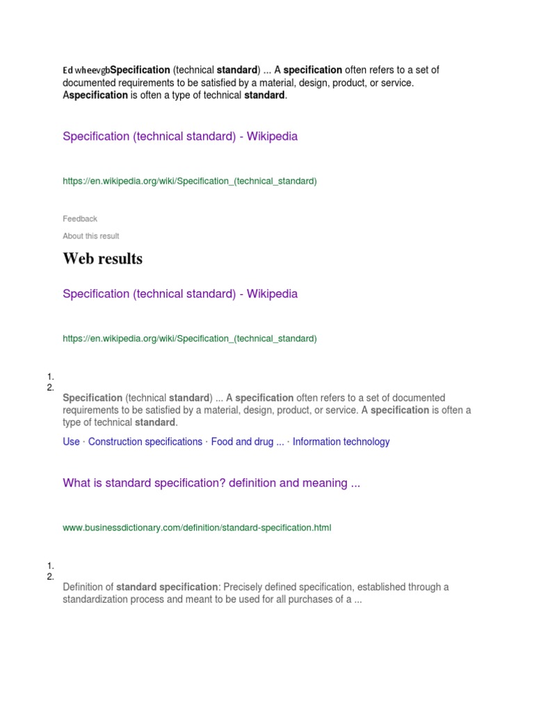 Web Results: Specification (Technical Standard) - Wikipedia | PDF | Specification (Technical ...
