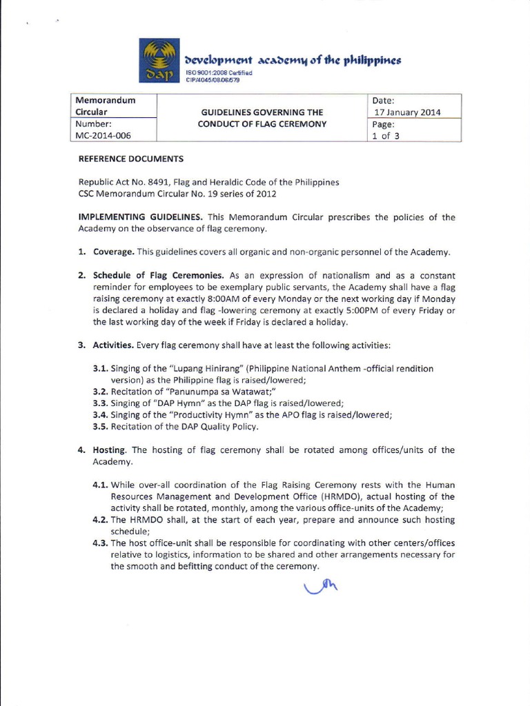 MC 2014 006 Guidelines Governing The Conduct of Flag Ceremony PDF | PDF