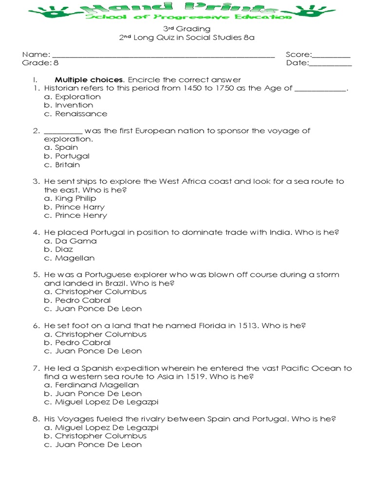 Social Studies Quiz for 8th Grade | PDF | Age Of Discovery | Exploration
