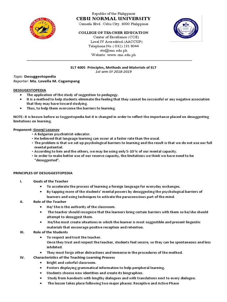 Desuggestopedia Hand Out | PDF | Second Language | Learning