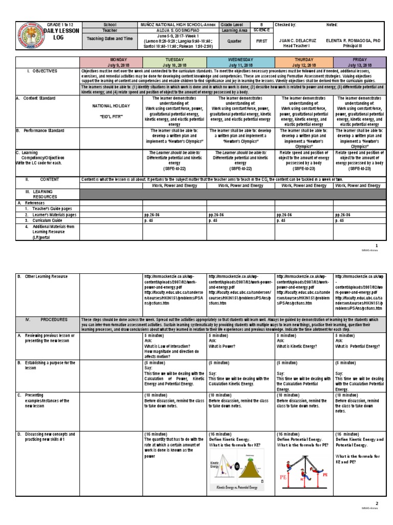 DAILY LESSON LOG School MUNOZ NATIONAL H | PDF | Potential Energy ...
