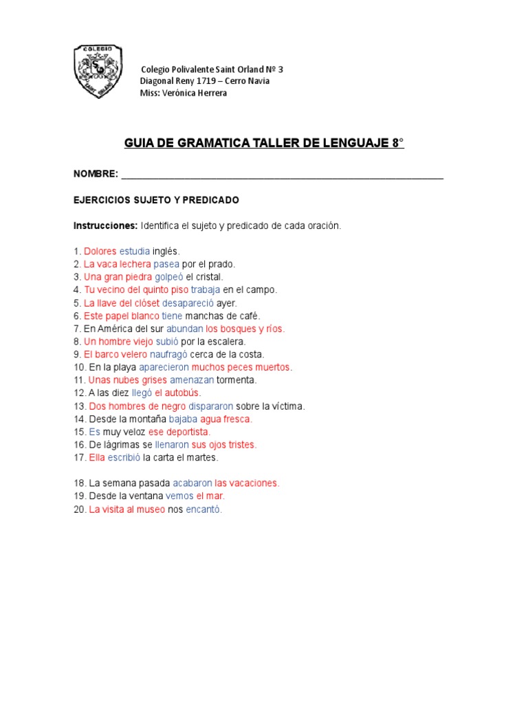 Guia de Gramatica Taller 8° | PDF | Predicado (Gramática) | Verbo