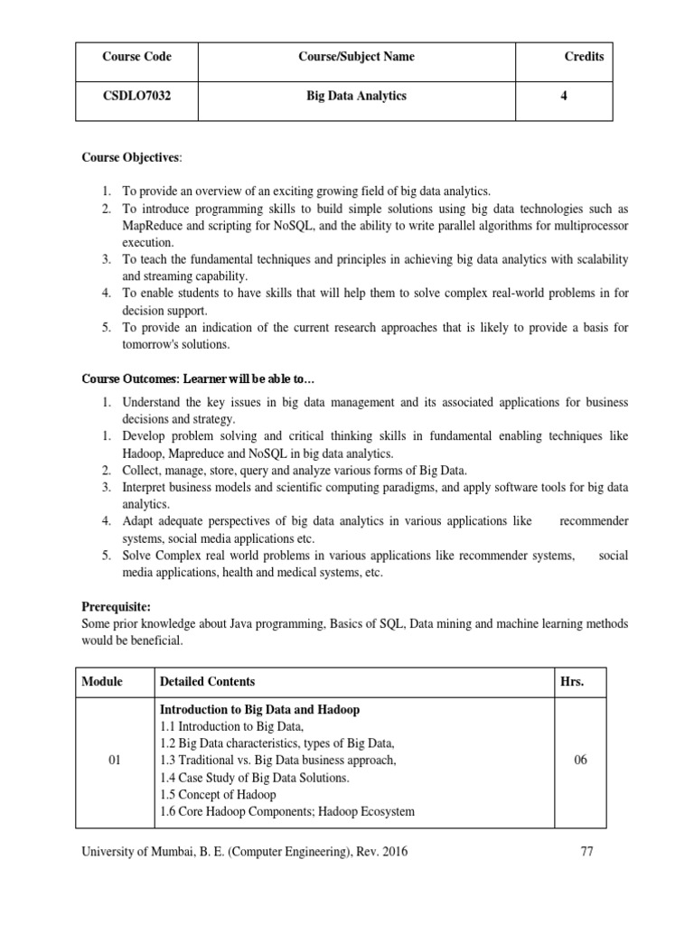 Big Data Analytics Comp Syllabus Sem7 | PDF | Big Data | No Sql