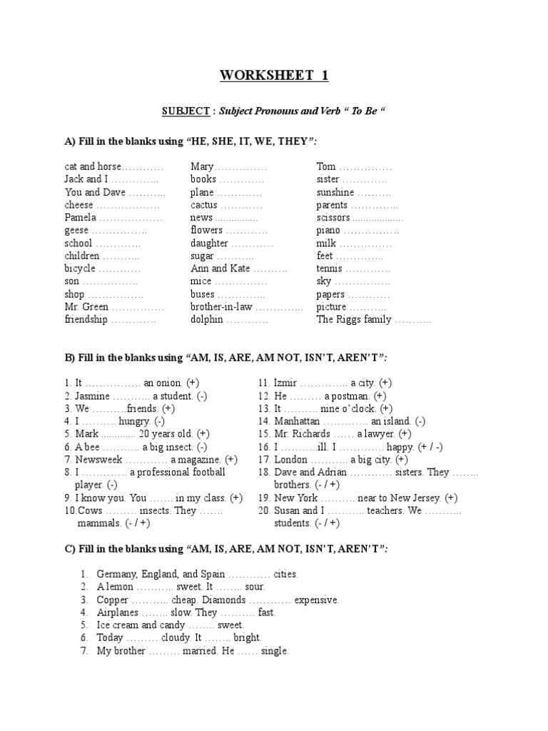 Worksheet 1: SUBJECT: Subject Pronouns and Verb " To Be " A) Fill in ...