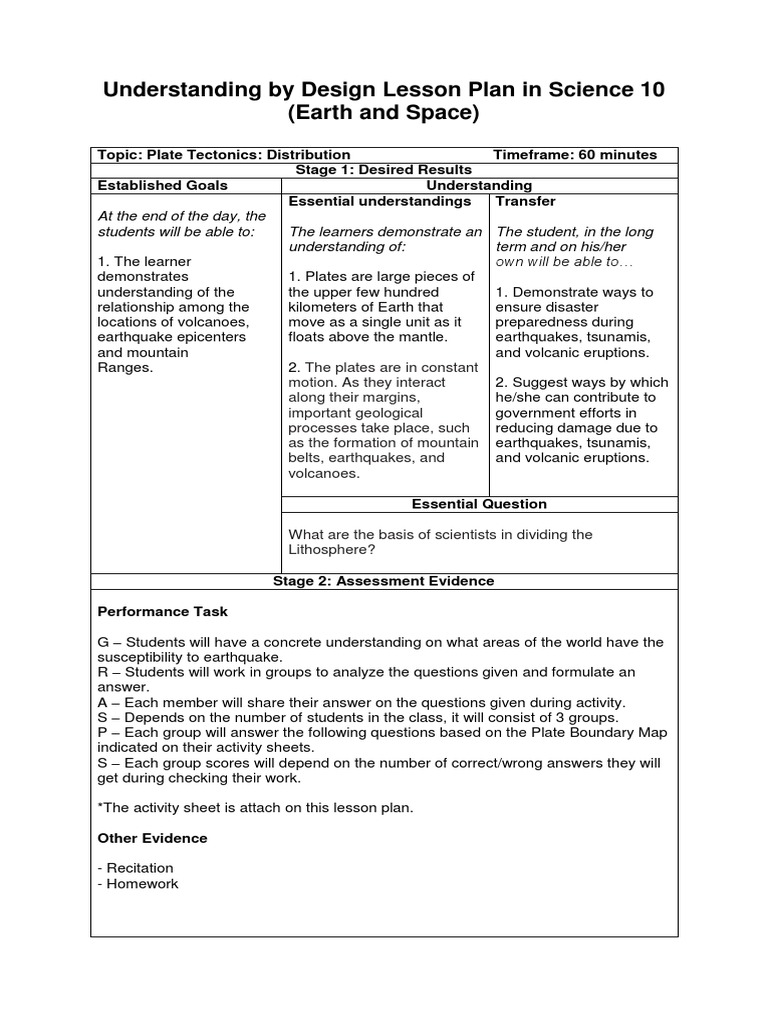 Understanding by Design Lesson Plan in Science 10 (Earth and Space ...